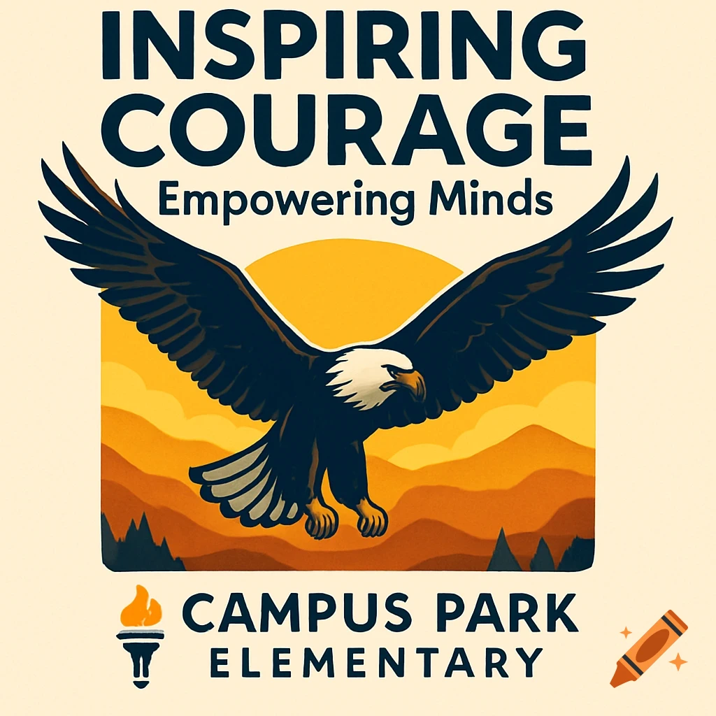 A graphic logo featuring a soaring bald eagle over layered mountains ...