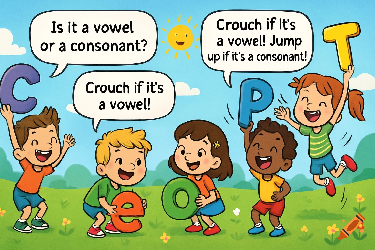 Cartoon children in a field learning about vowels and consonants ...