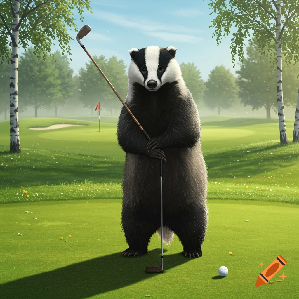 A badger stands on a bright green golf course, holding a golf club. A ...