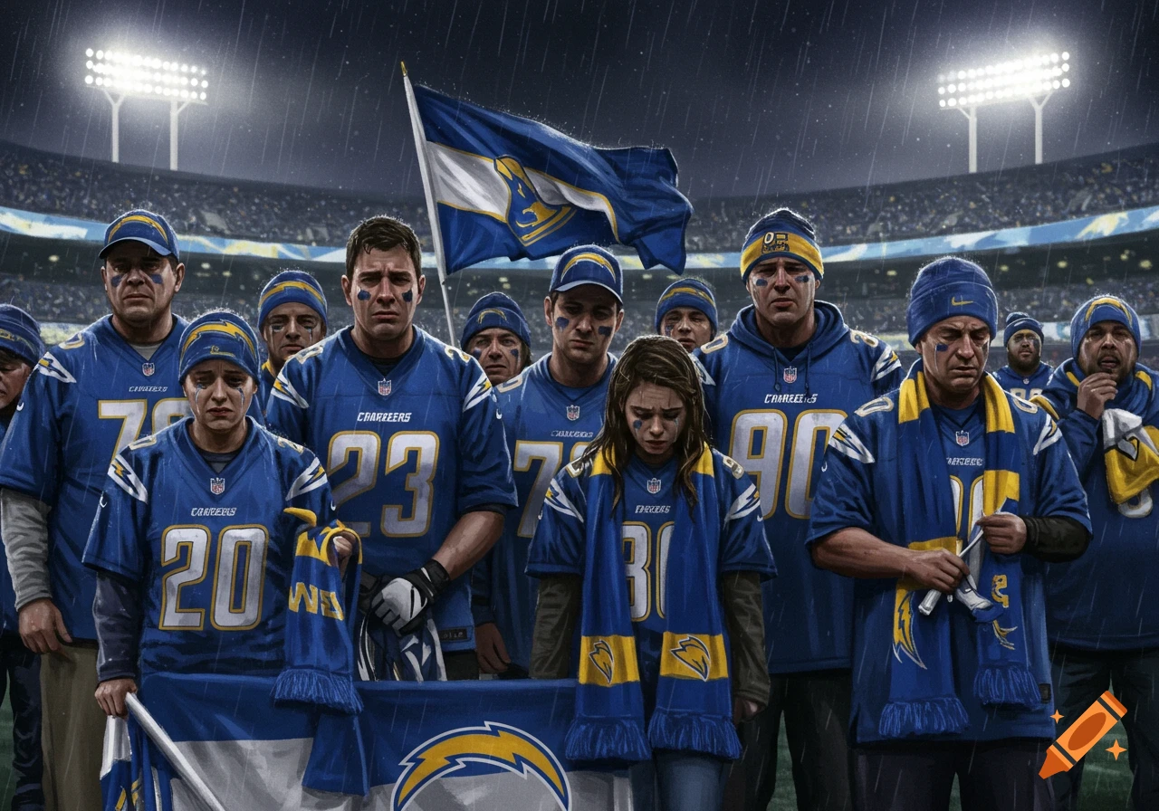 A group of sad Los Angeles Chargers football fans wearing jerseys and ...