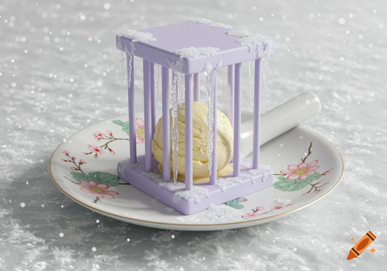 A scoop of vanilla ice cream in a lavender cage with icicles on a ...