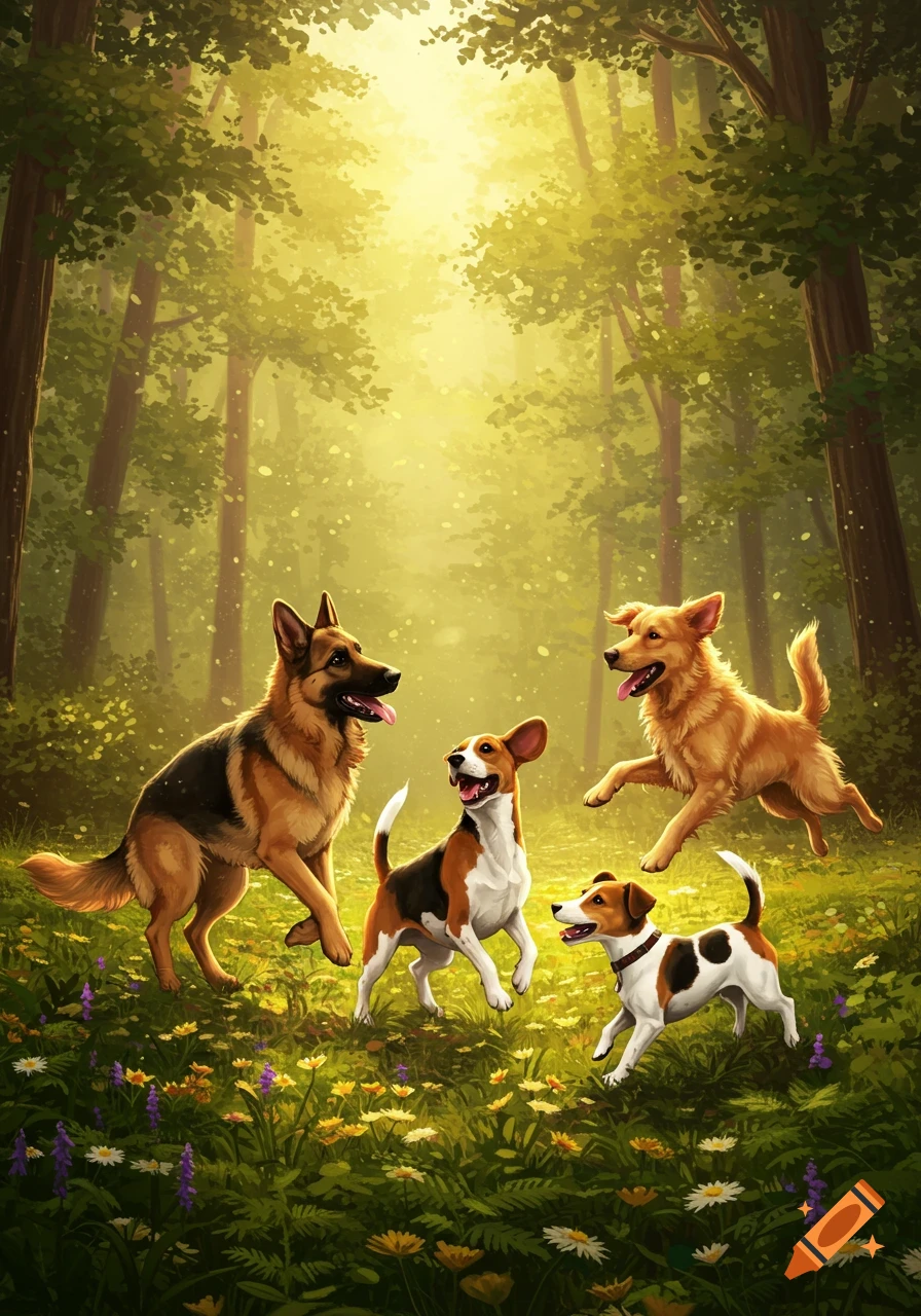Four playful dogs, including a German Shepherd and golden retriever ...