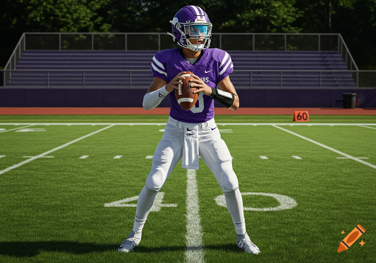 A male quarterback in a purple and white uniform stands on a football ...