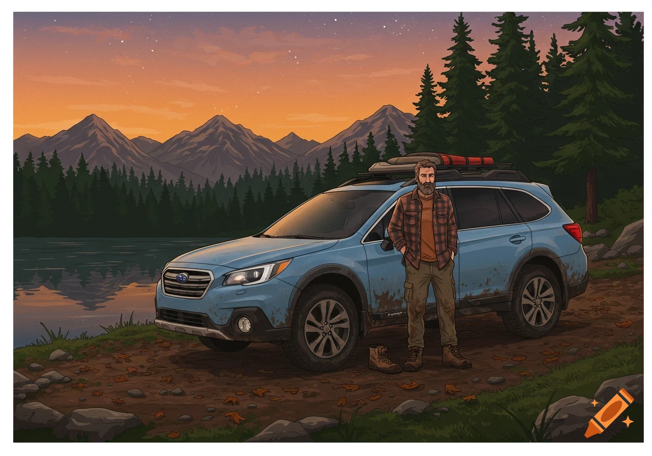 Cartoon illustration of a green Subaru Outback with a canoe on its roof ...