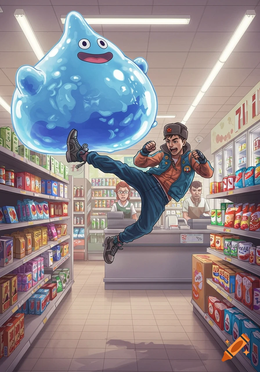 A man in a winter hat performs a high kick in a supermarket aisle, with ...