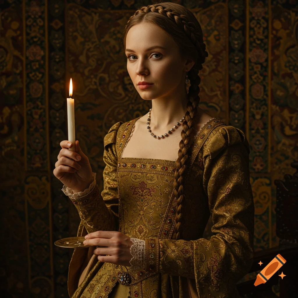 A woman in a Renaissance-style dress holds a lit candle, looking at the ...