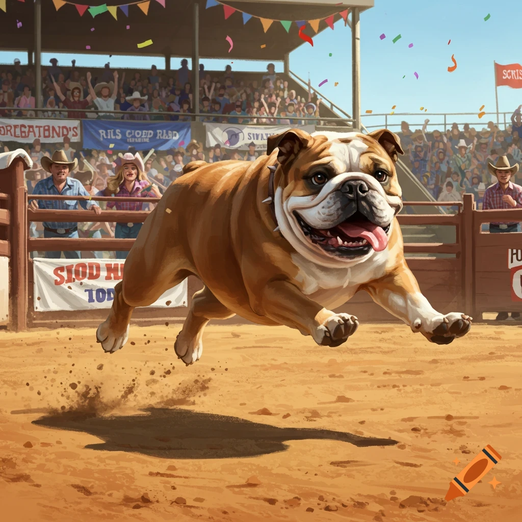 A fat, saddled cow stands in a dusty rodeo arena, surrounded by a ...