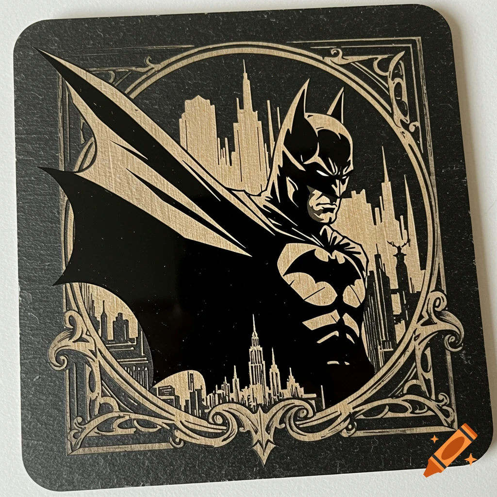 A laser-engraved coaster featuring Batman in a detailed black and gold ...
