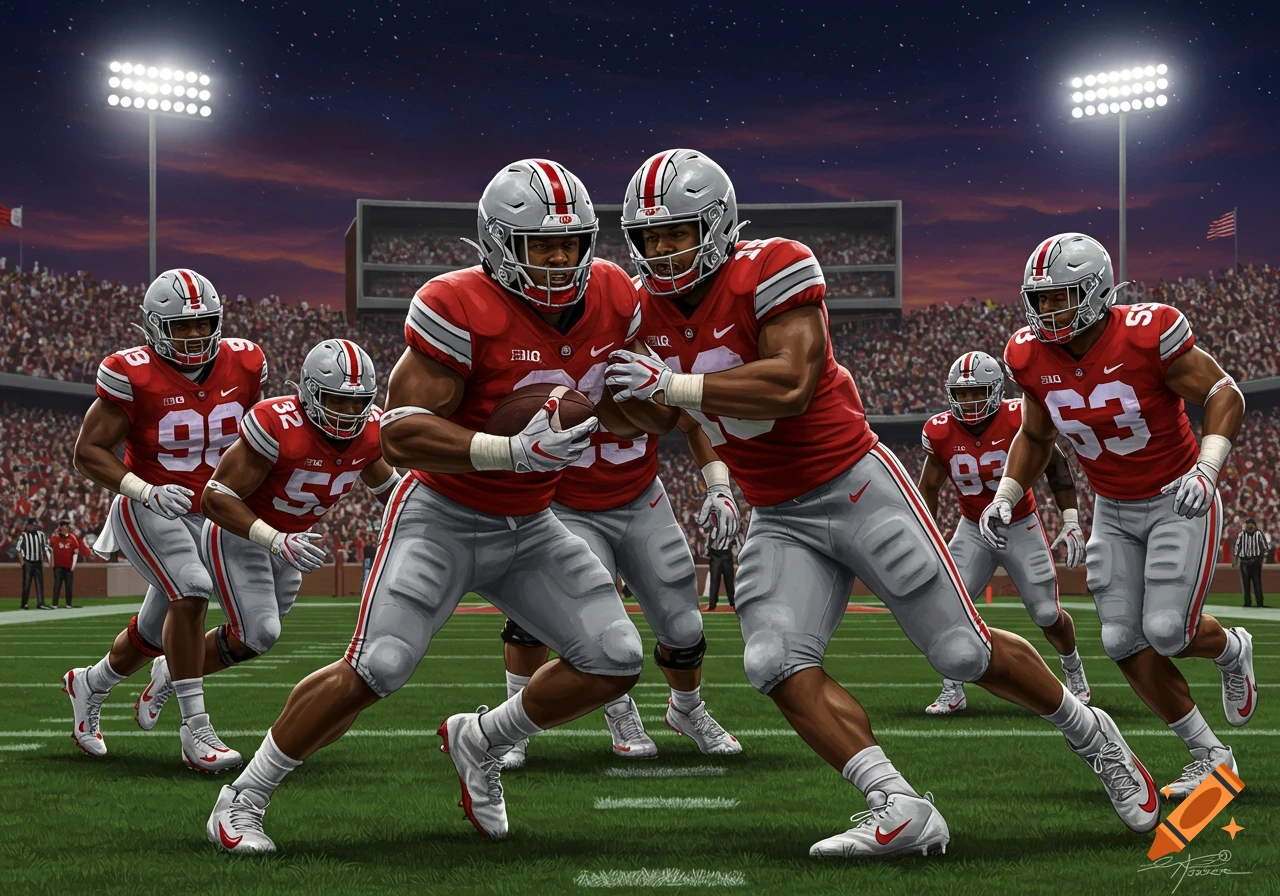 American football players in red and grey uniforms on a stadium field ...