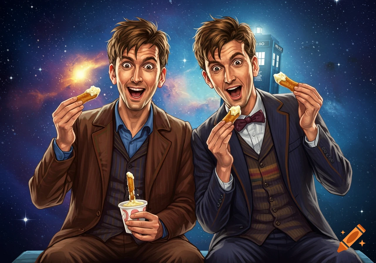 Two smiling Doctor Who characters, the Tenth and Eleventh Doctors ...