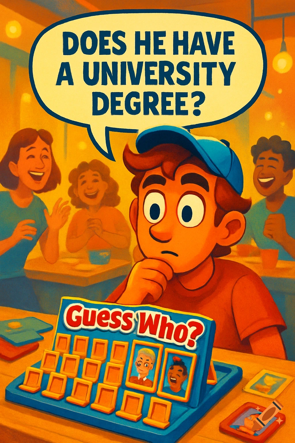 A cartoon-style image of a boy playing 'Guess Who?' with friends, with ...