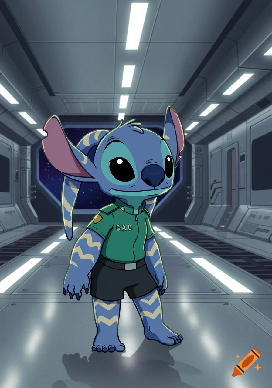 A blue alien character similar to Stitch in a green uniform stands in a ...