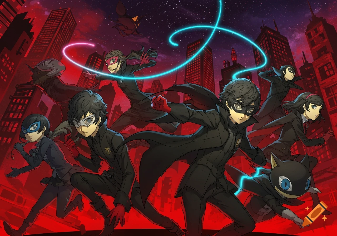 Anime characters in black outfits and masks running across a cityscape ...