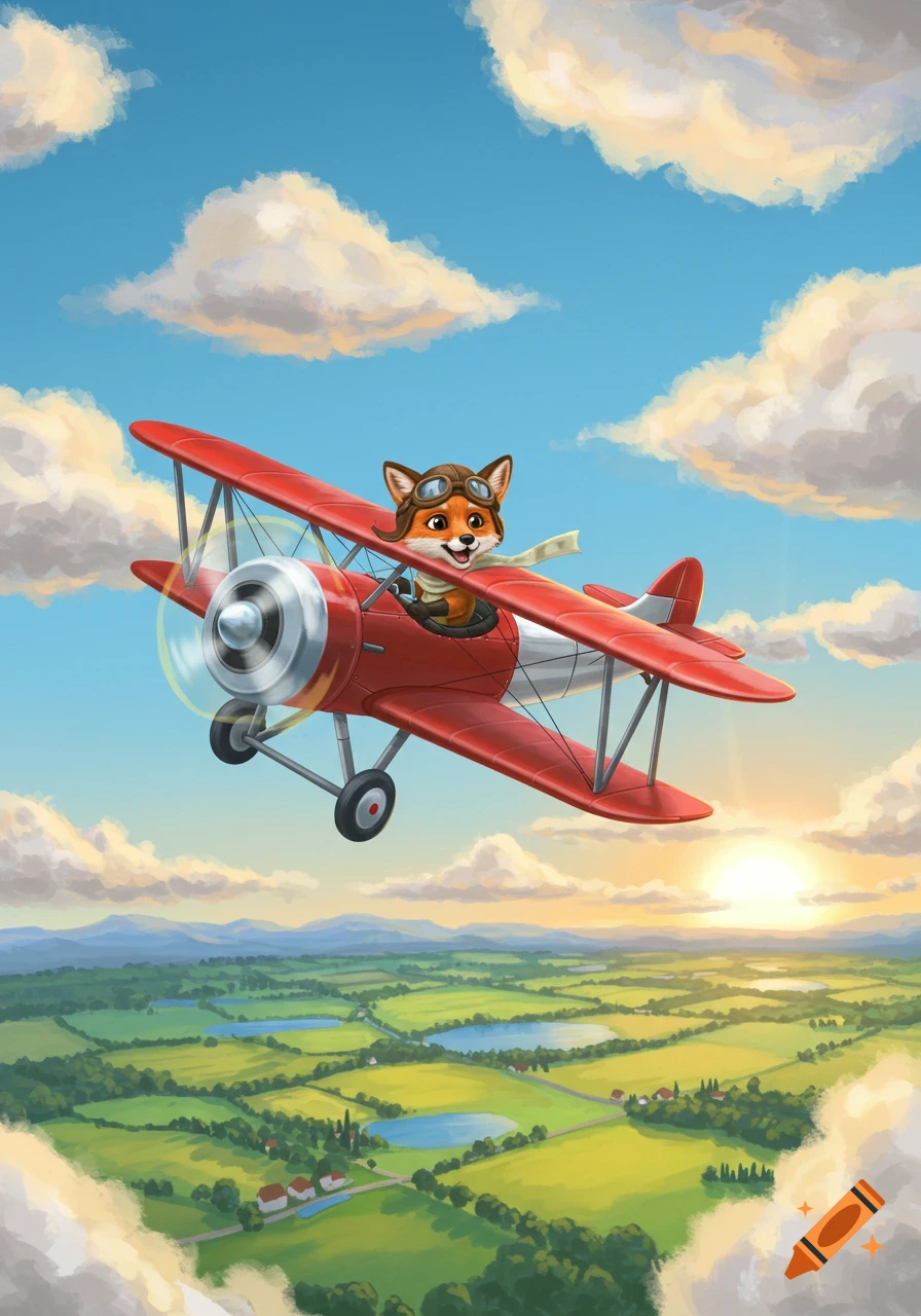 A friendly orangutan pilots a red and silver biplane through a cloudy ...