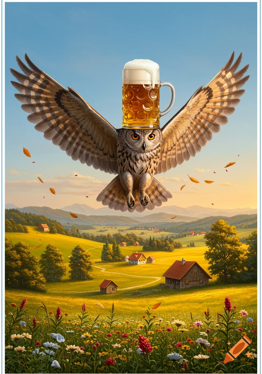 A whimsical owl with a large beer mug on its head flies over a sunny ...