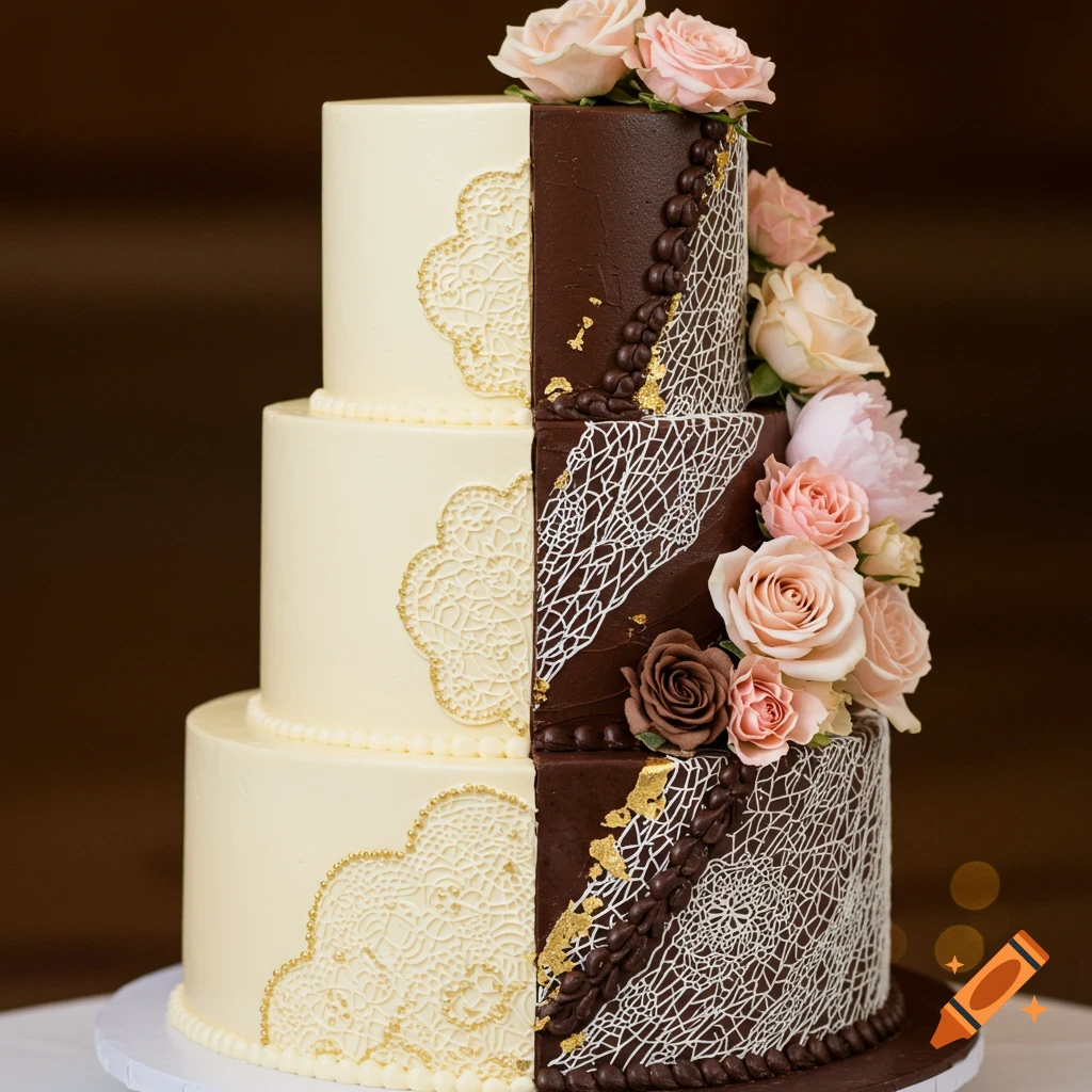 A three-tiered wedding cake, half vanilla with gold lace details, half ...