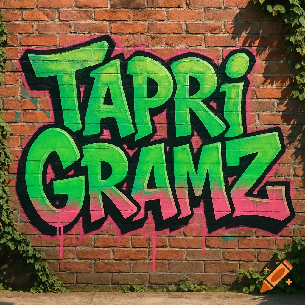 Green and pink graffiti text 'TAPRI GRAMZ' on a brick wall with ivy. on ...