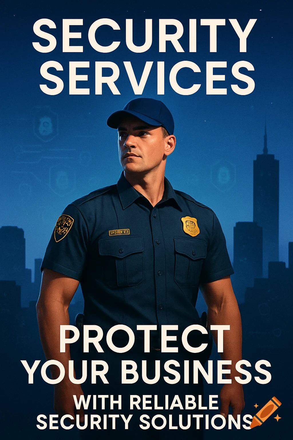 A security guard in a navy uniform and cap stands against a blue ...