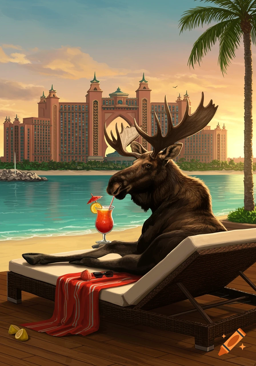 An illustrated moose in a suit and shorts lounges on a sunbed, sipping ...