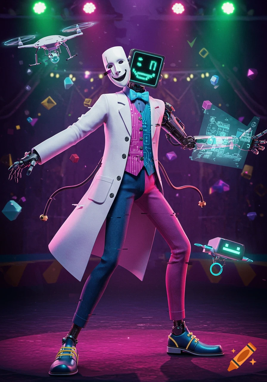 A sleek black humanoid figure with glowing green eyes stands in a dark ...