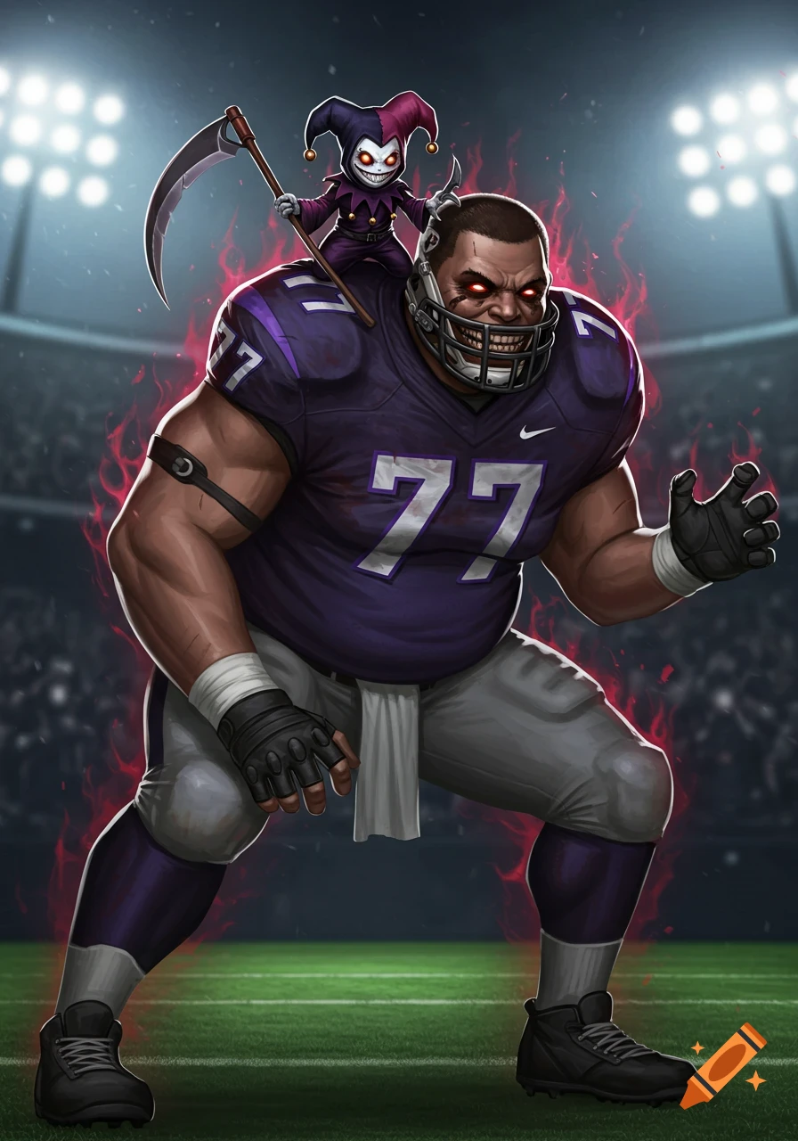 A large, menacing football player with glowing red eyes and a purple ...