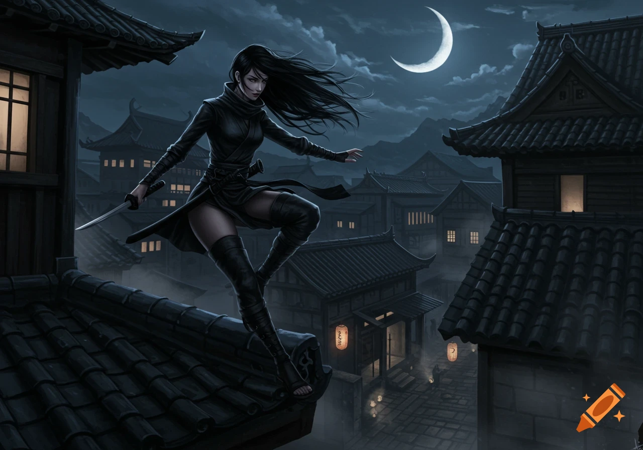 A female ninja poised on a dark, moonlit rooftop, holding a katana, overlooking a traditional ...