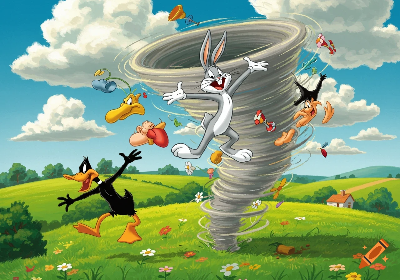Bugs Bunny, Daffy Duck, and other Looney Tunes characters are spun ...