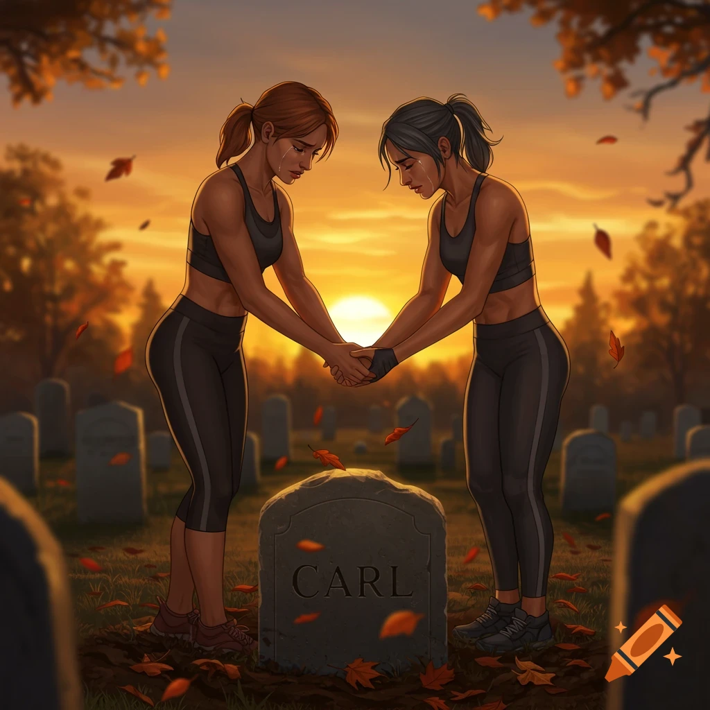Two women in athletic wear hold hands, crying over a tombstone with ...