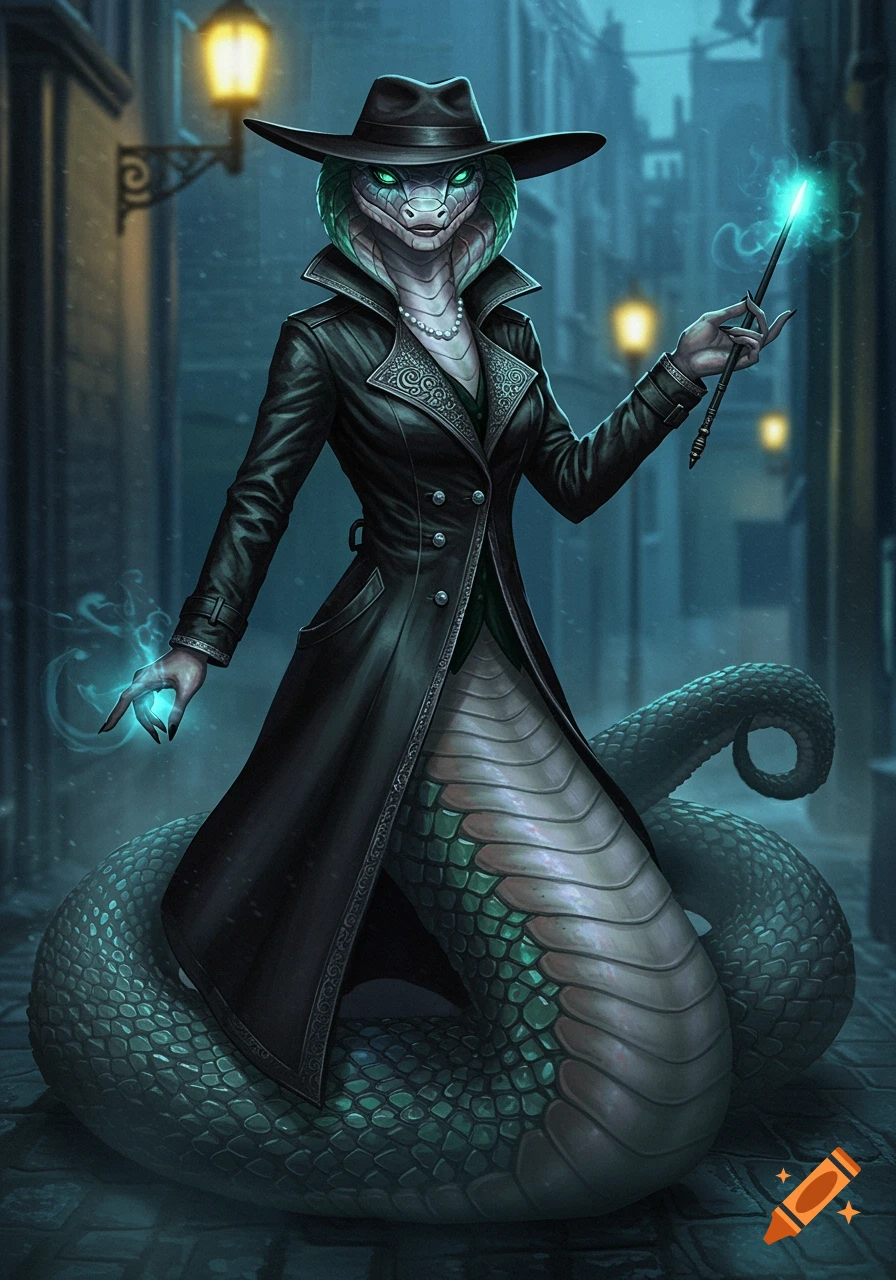 An anthropomorphic snake sorceress wearing a trench coat and fedora ...