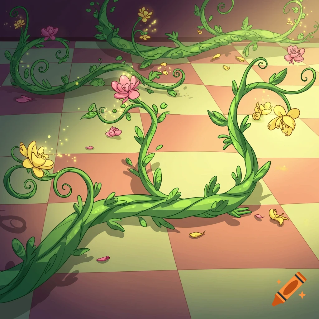 Cartoon green vines with pink and yellow flowers and sparkles grow ...