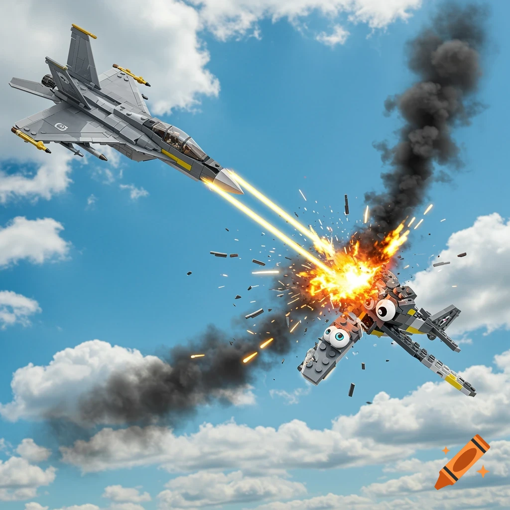 A LEGO-style fighter jet shoots lasers at a goofy, cartoonish airplane with googly eyes, causing ...