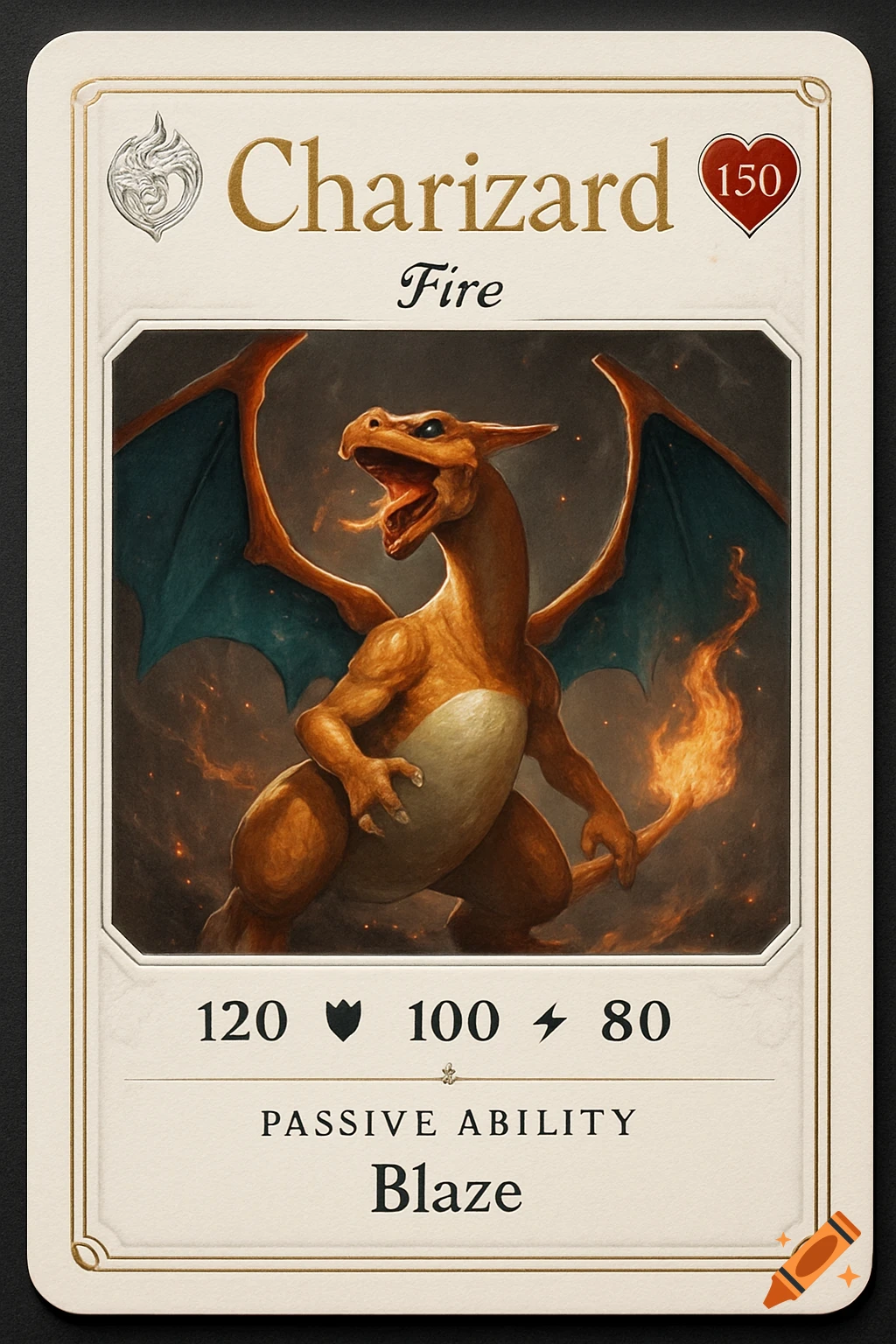 A detailed illustration of Charizard on a fantasy-themed Pokémon ...