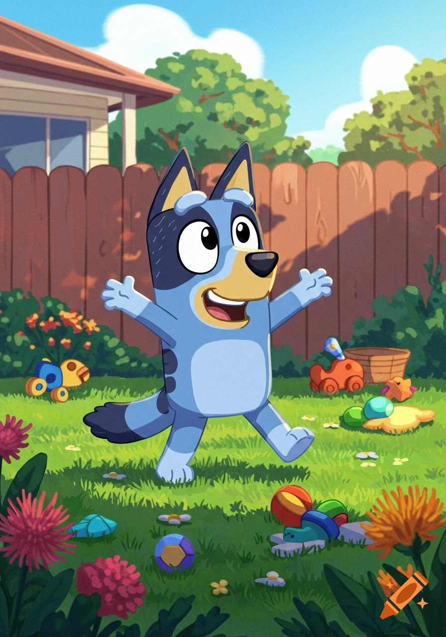 Bluey, a blue dog cartoon character, with five legs, stands smiling in ...