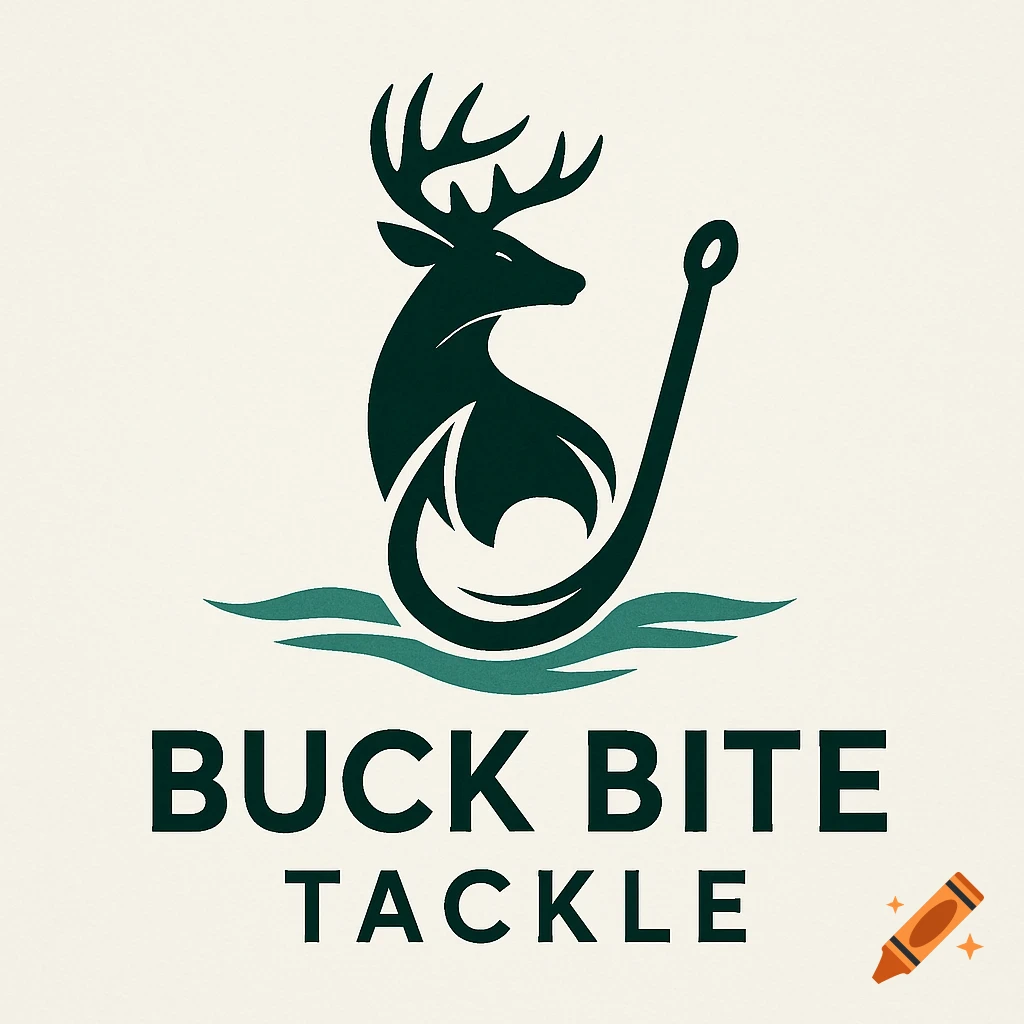 A stylized logo with a deer head emerging from a fishing hook, with text 'BUCK BITE TACKLE'. on ...