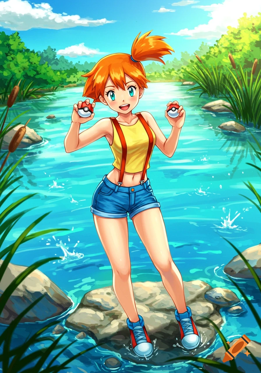 Misty from Pokémon smiles while holding two Poké Balls, standing on rocks in a clear blue river ...