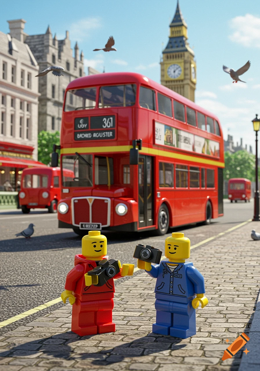 A red and yellow Lego bus on a city street, with Lego buildings and ...