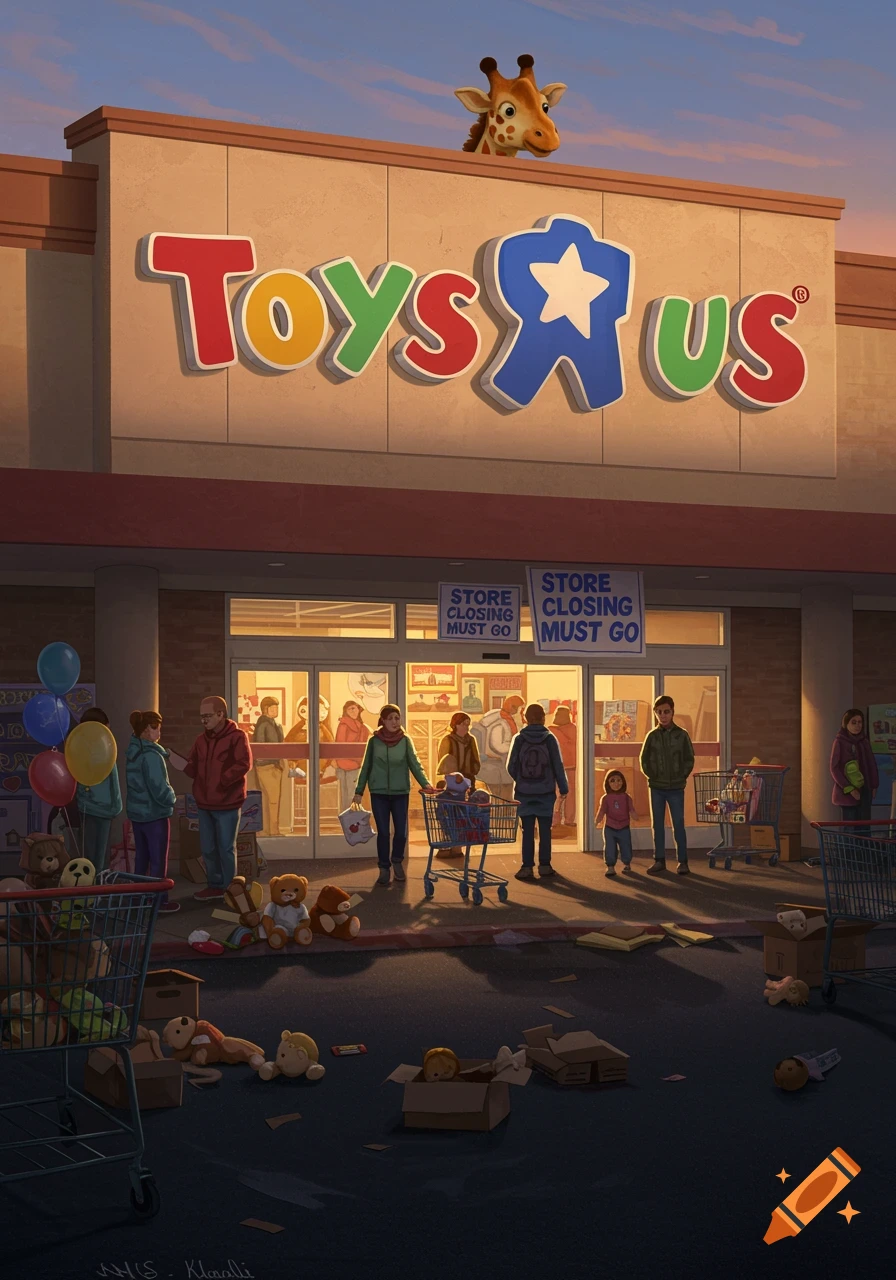An illustration of a Toys R Us store closing, with people entering and ...