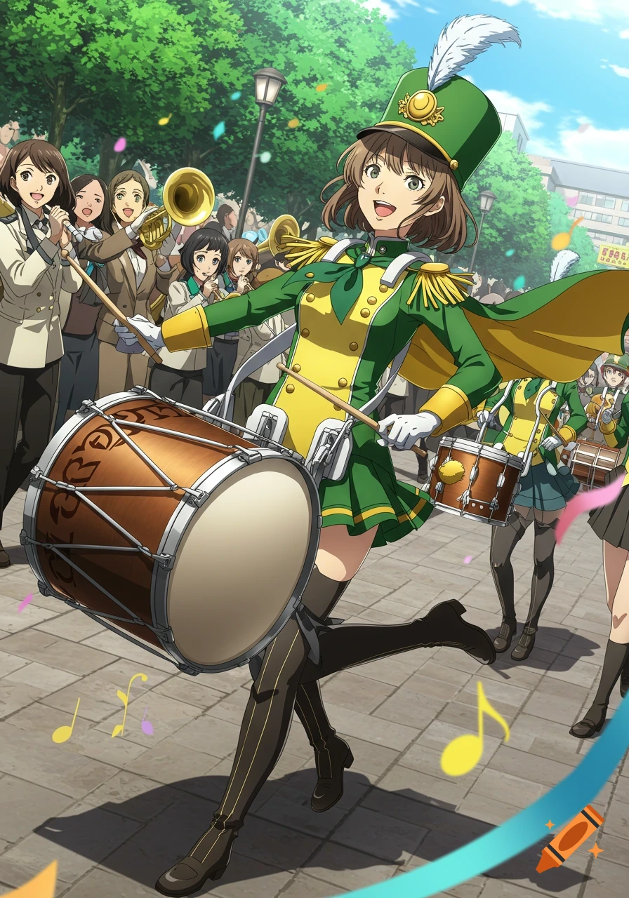 Anime girl in marching band uniform playing a bass drum on Craiyon