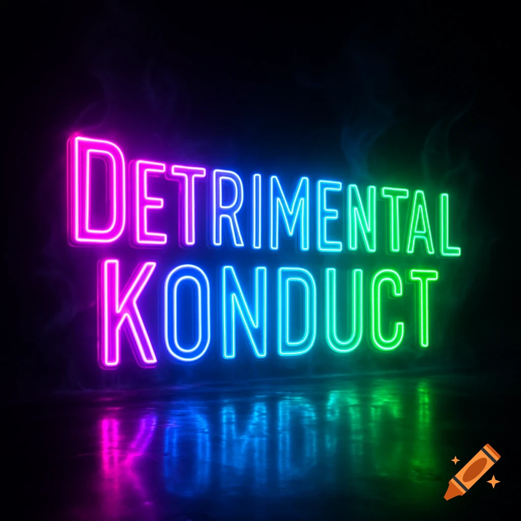 Neon sign spelling 'DETRIMENTAL KONDUCT' in glowing pink, blue, and green, with reflections on a ...