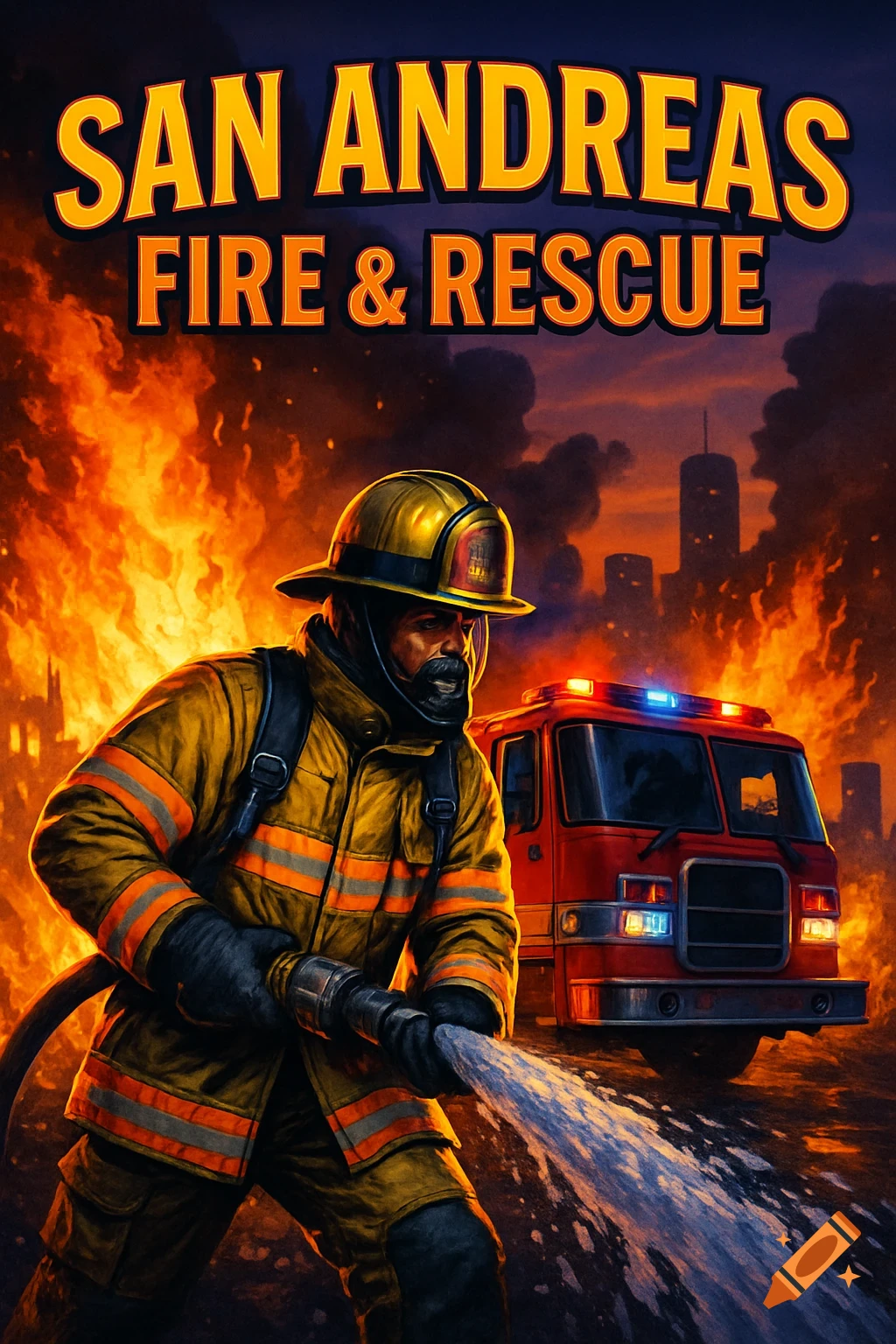 A firefighter sprays water from a hose with a fire engine behind ...