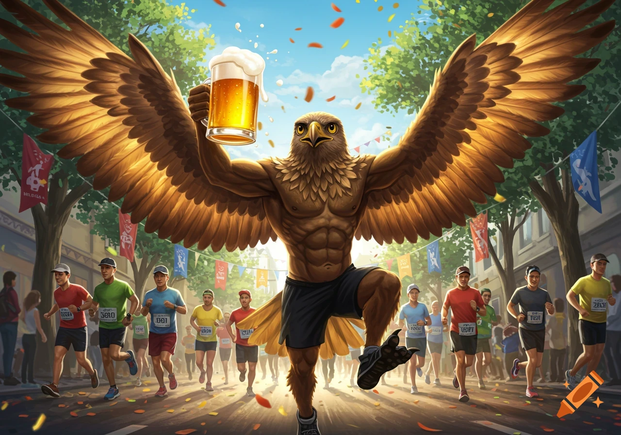A muscular anthropomorphic eagle holding a beer runs in a marathon with ...