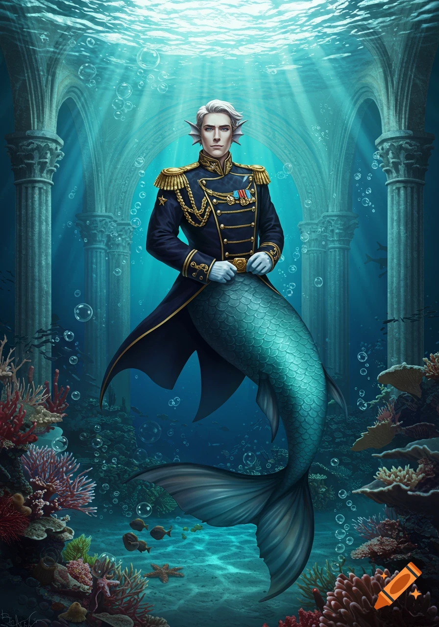 A merman in a gold-braided navy uniform stands underwater amidst ...