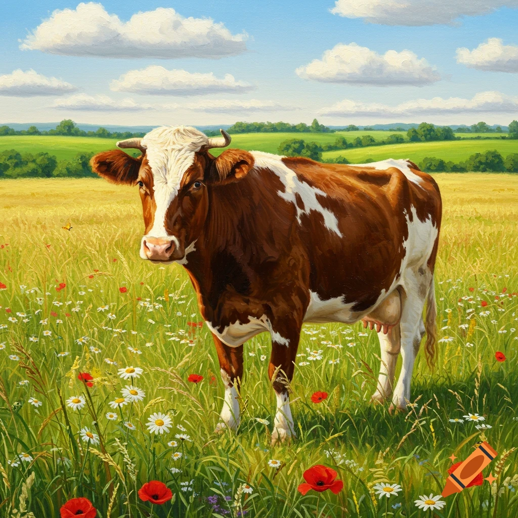 A happy cow in a field of wildflowers, drawn in a detailed ink and ...