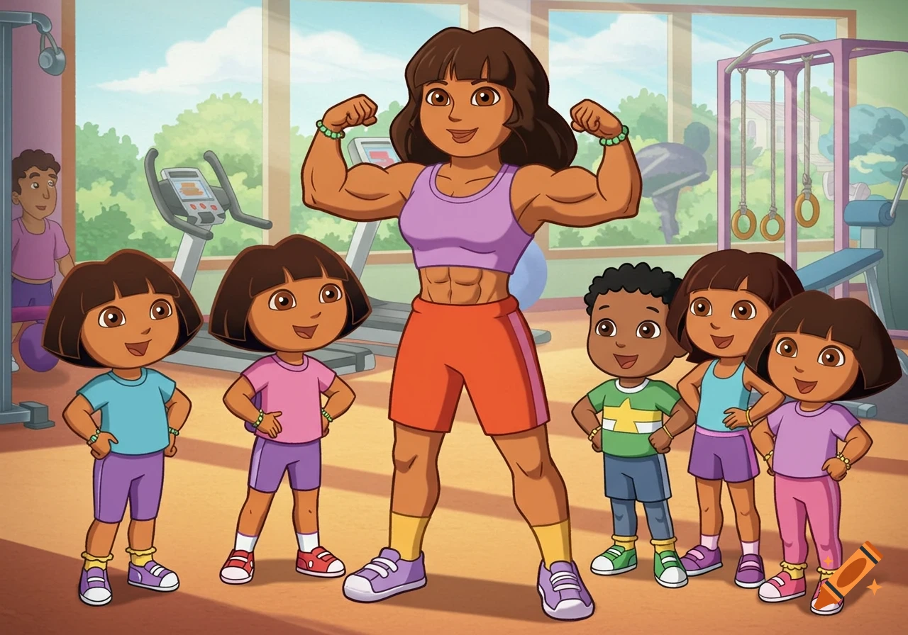 Dora's muscular Mami flexes in a boxing ring with Dora, her sister, and ...
