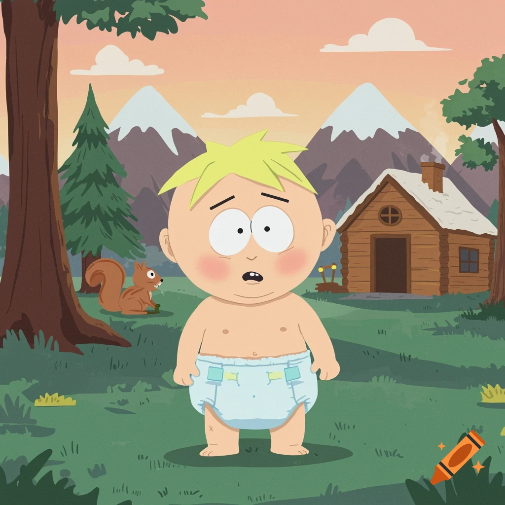 Butters from South Park as a baby in a diaper, standing in a grassy ...