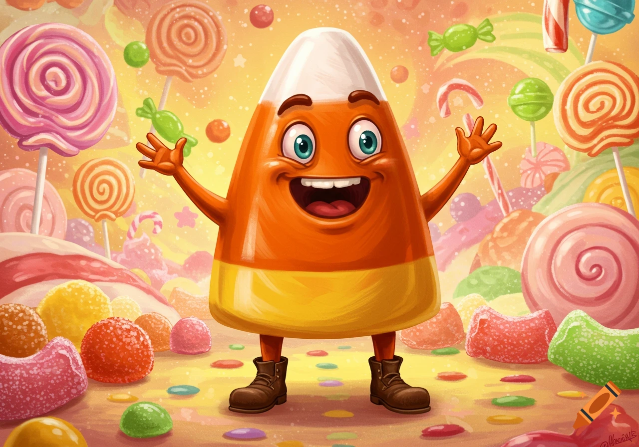 A cheerful anthropomorphic candy corn character with wide eyes and a ...
