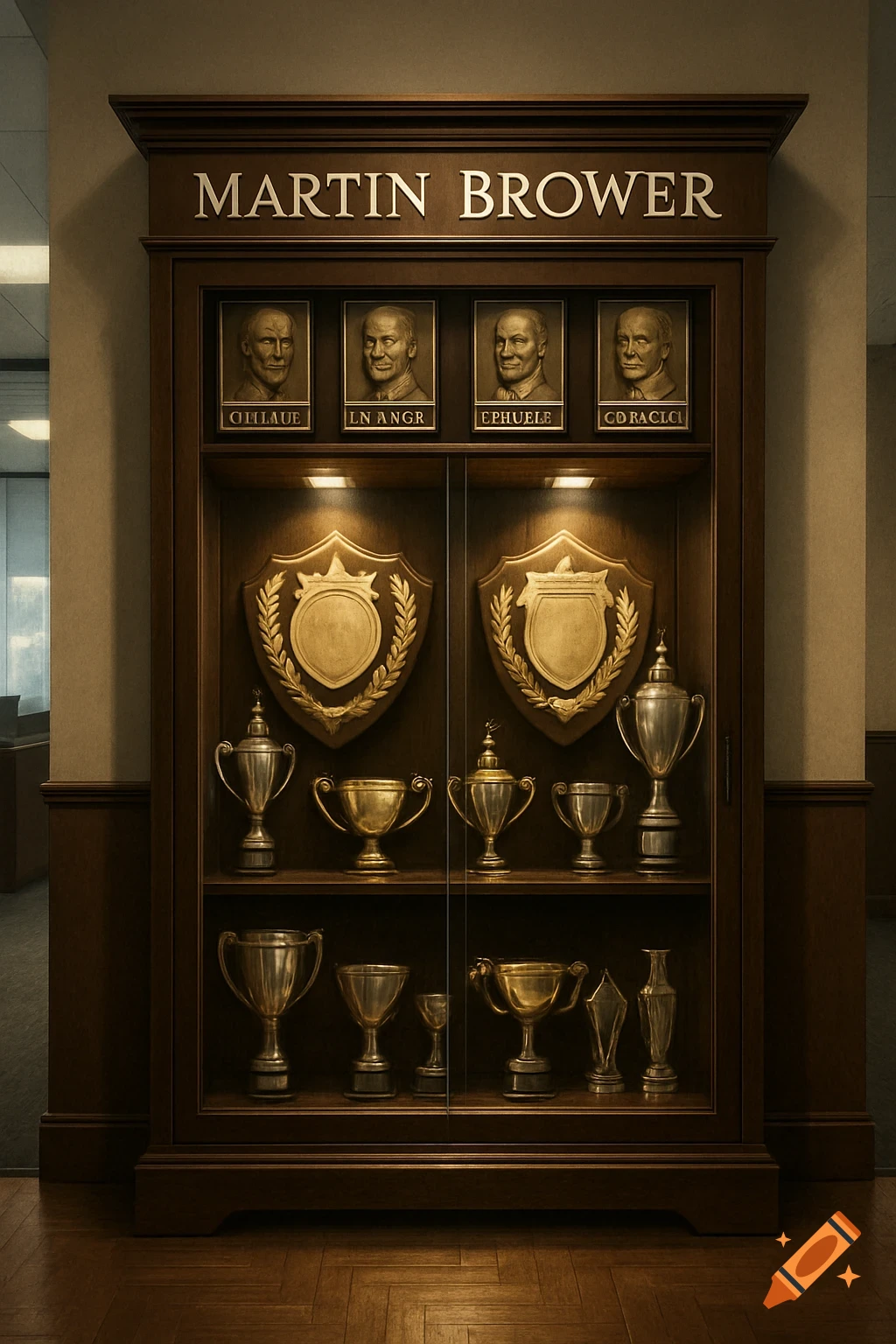 A grand wooden trophy cabinet filled with gold and silver trophies, shields, and bronze busts ...