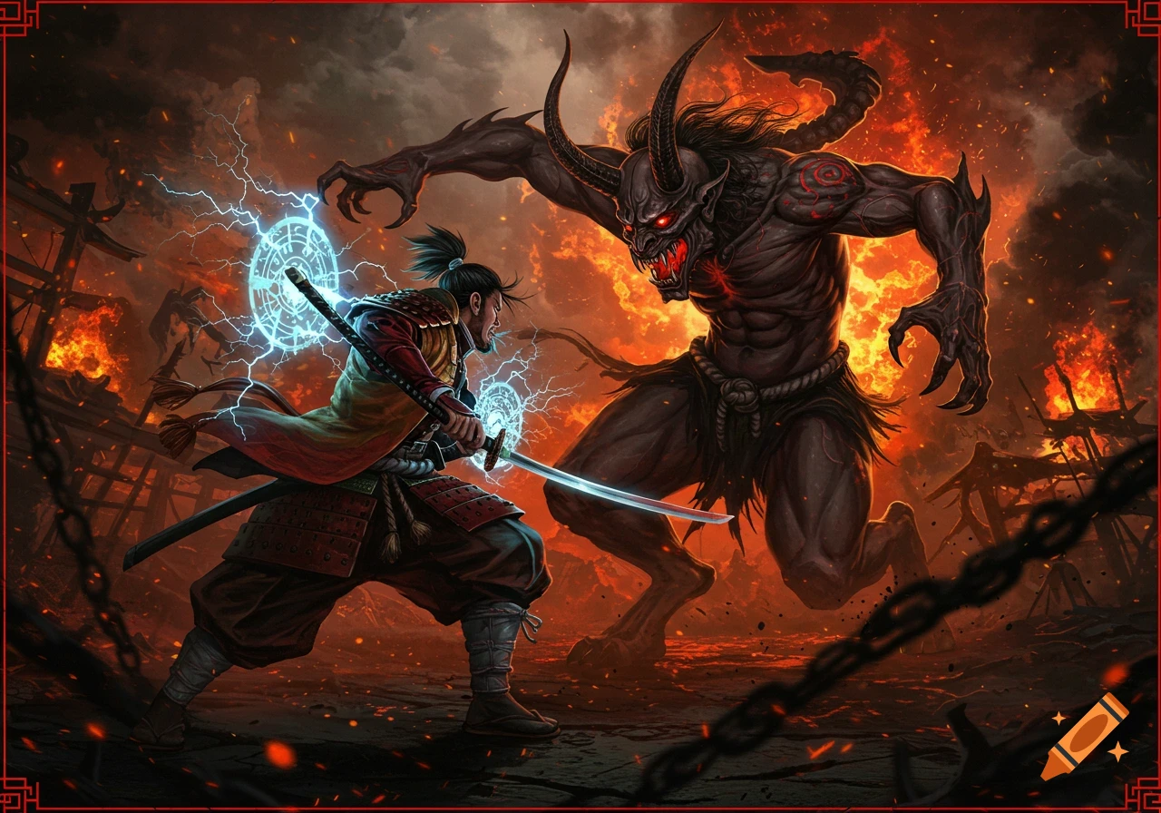 A samurai with glowing magical power fights a large, horned demon ...