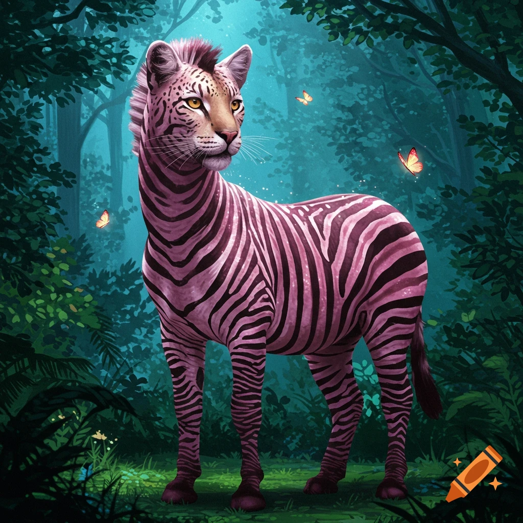 A majestic pink and black striped zebra-like creature with a leopard ...