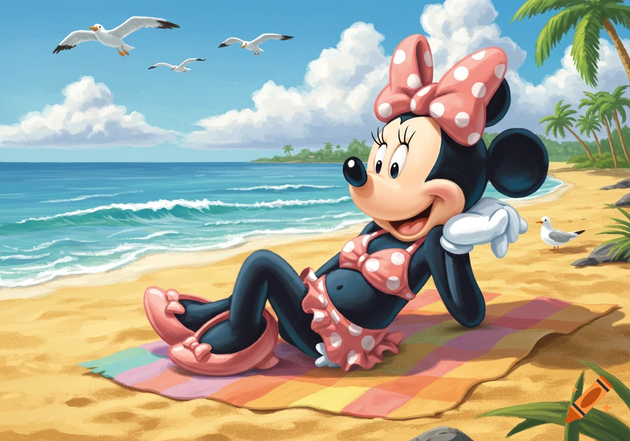 Minnie Mouse in a pink polka dot bikini, sunbathing on a colorful ...